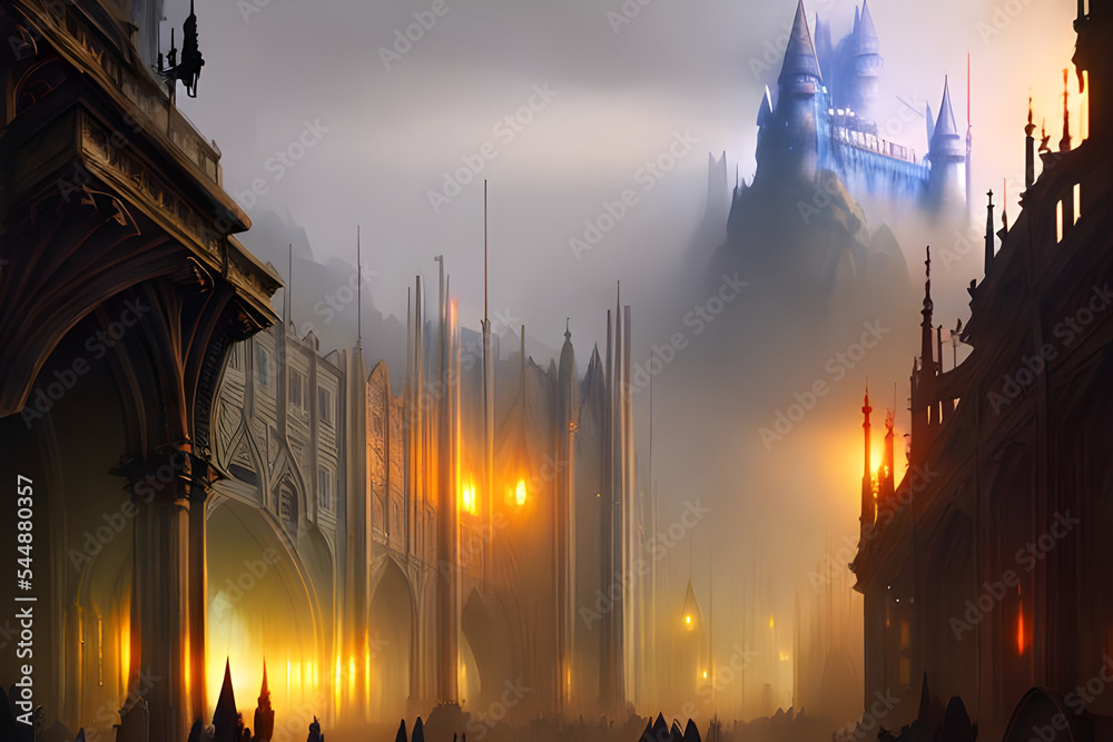 Gothic fantasy city with cathedrals, churches, towers, houses and ...