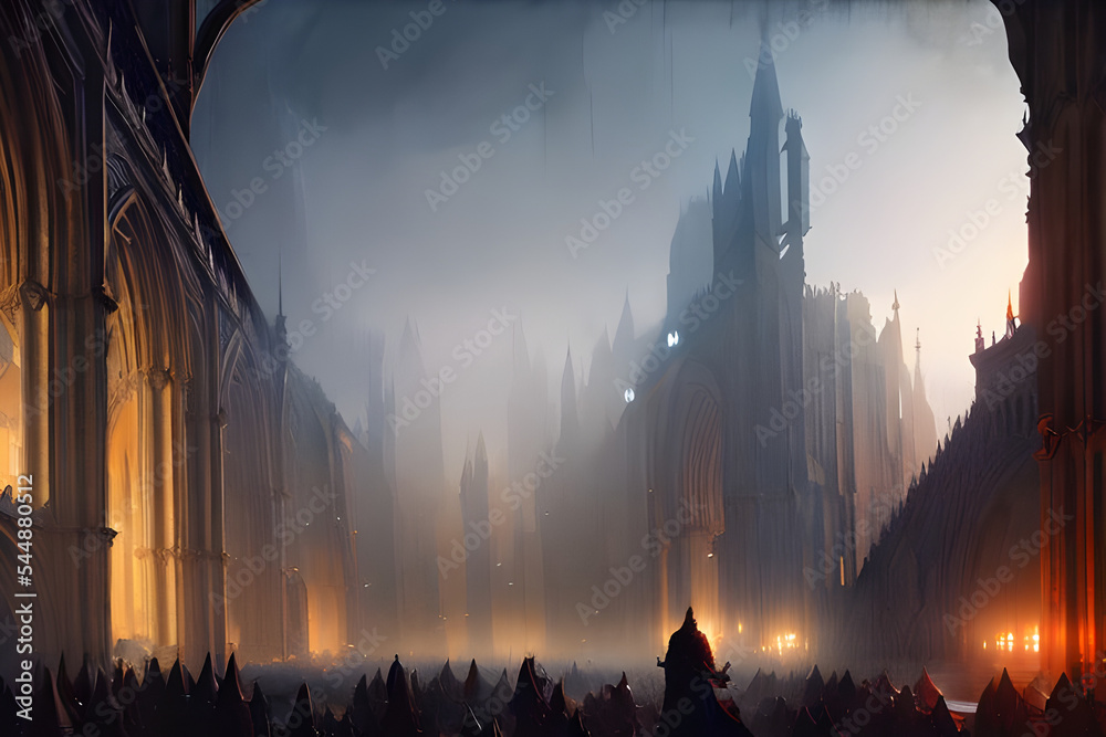 Gothic fantasy city with cathedrals, churches, towers, houses and ...