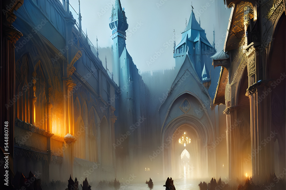 Gothic fantasy city with cathedrals, churches, towers, houses and king ...