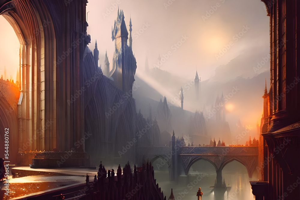 Gothic fantasy city with cathedrals, churches, towers, houses and ...