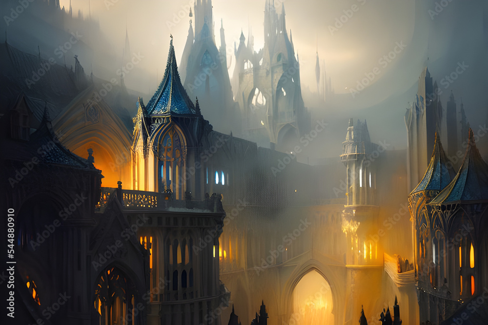 Gothic fantasy city with cathedrals, churches, towers, houses and ...