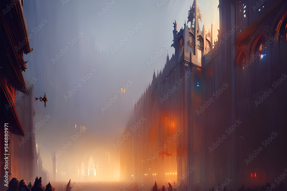 Gothic fantasy city with cathedrals, churches, towers, houses and ...