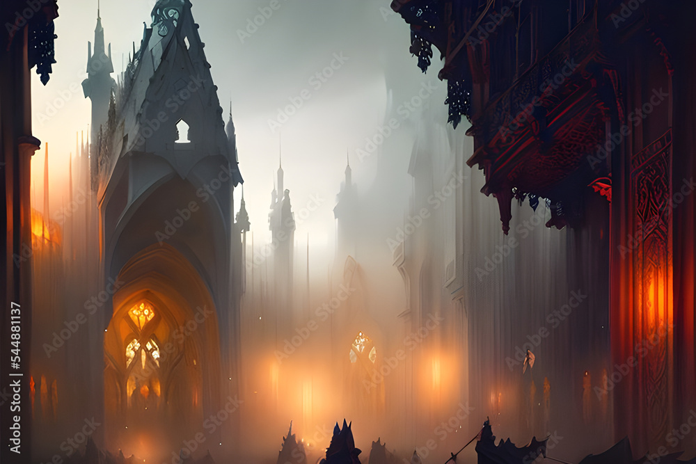Gothic fantasy city with cathedrals, churches, towers, houses and ...