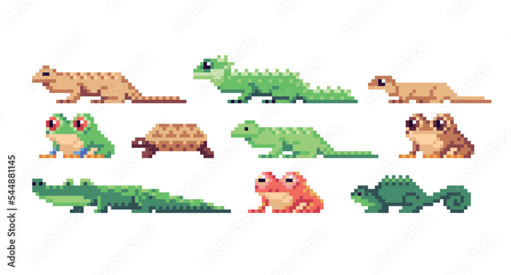 Vetor de Reptile, amphibian pixel art set. Lizard, frog and crocodile ...
