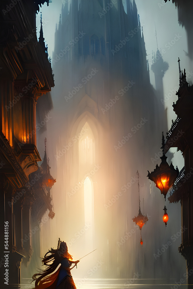 ภาพประกอบสต็อก Gothic fantasy city with cathedrals, churches, towers ...