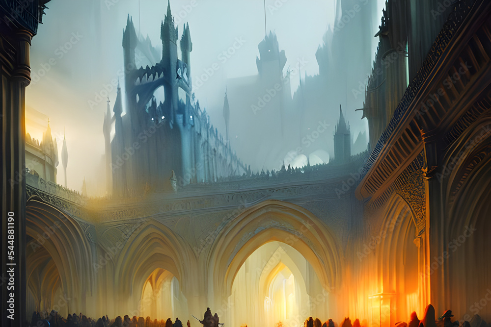 Gothic fantasy city with cathedrals, churches, towers, houses and ...