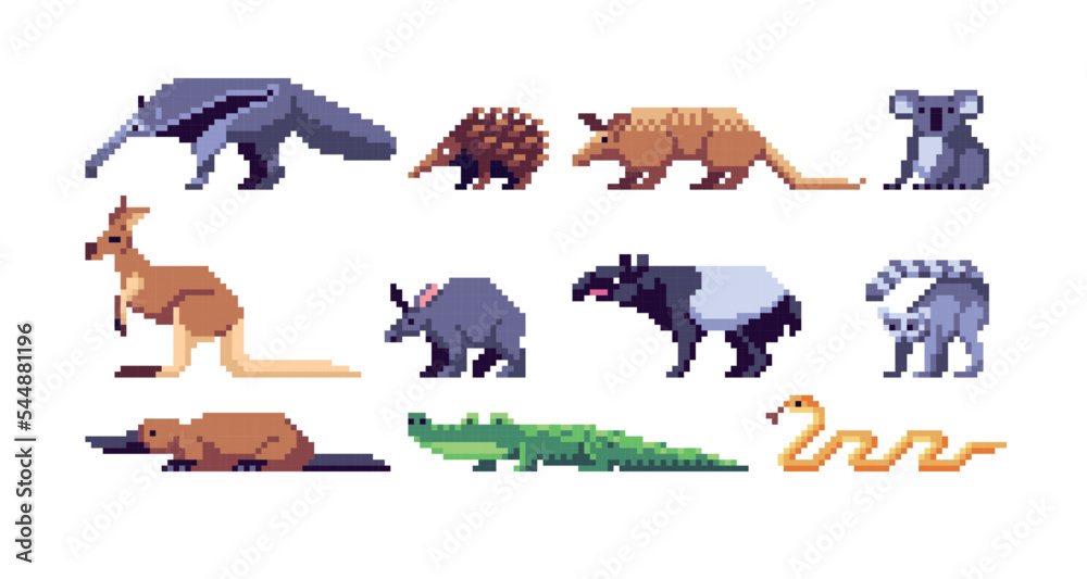 Exotic animals pixel art set. Australian fauna collection. 8 bit. Game ...