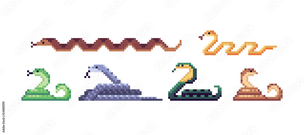 Different snakes pixel art set. Cobra, boa, viper in various poses collection. Jungle, tropical ...