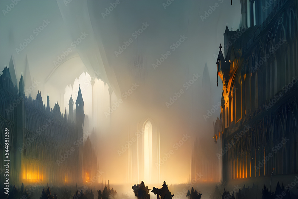 Gothic fantasy city with cathedrals, churches, towers, houses and ...