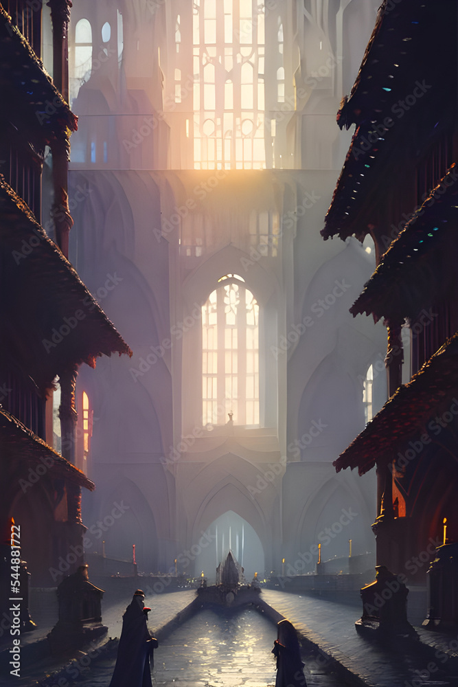 Gothic fantasy city with cathedrals, churches, towers, houses and ...