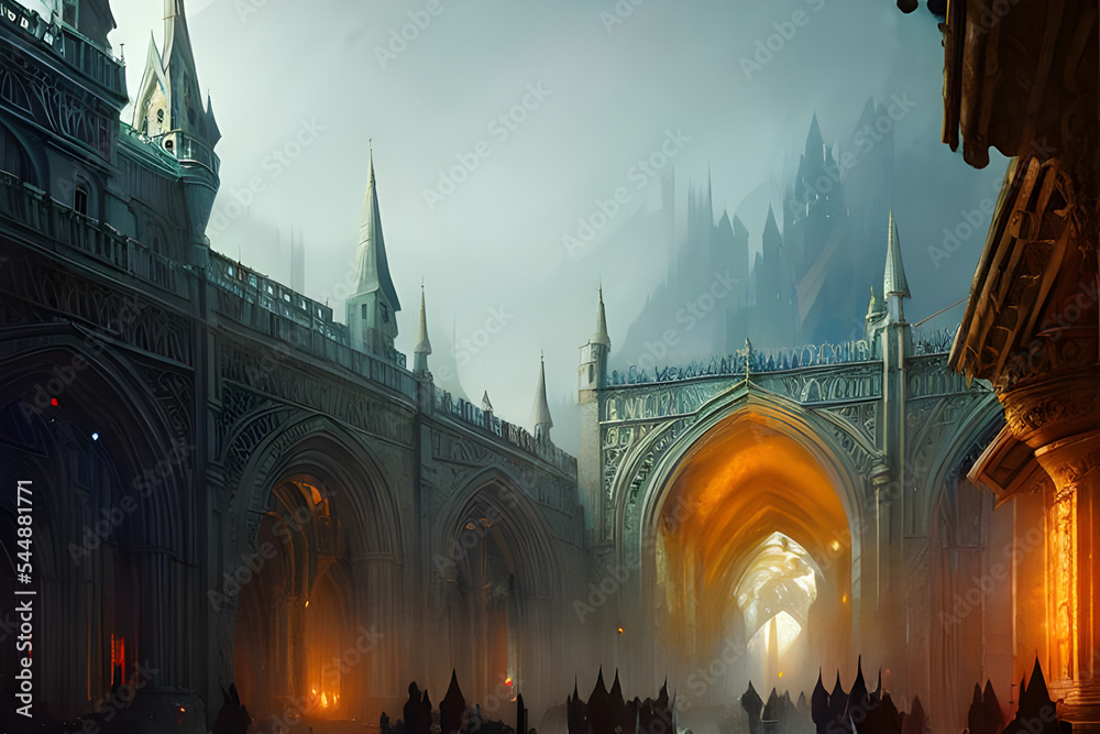 Gothic fantasy city with cathedrals, churches, towers, houses and ...