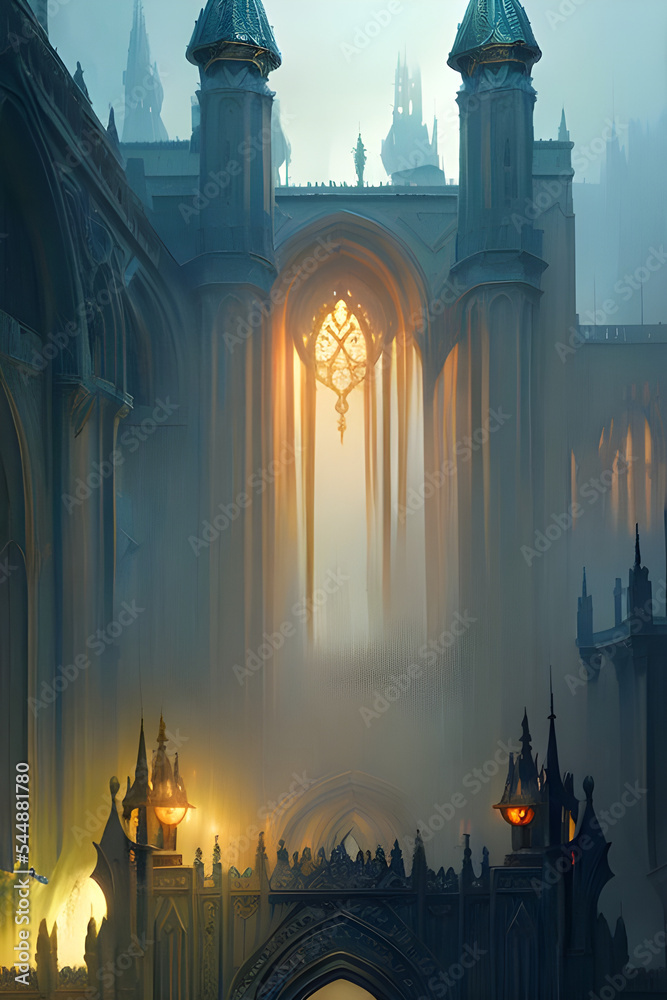 Gothic fantasy city with cathedrals, churches, towers, houses and ...