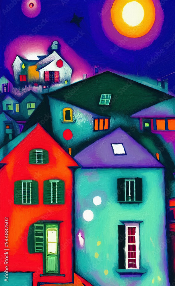 Digital painted cute houses at night in style of naive, cubism, modern ...