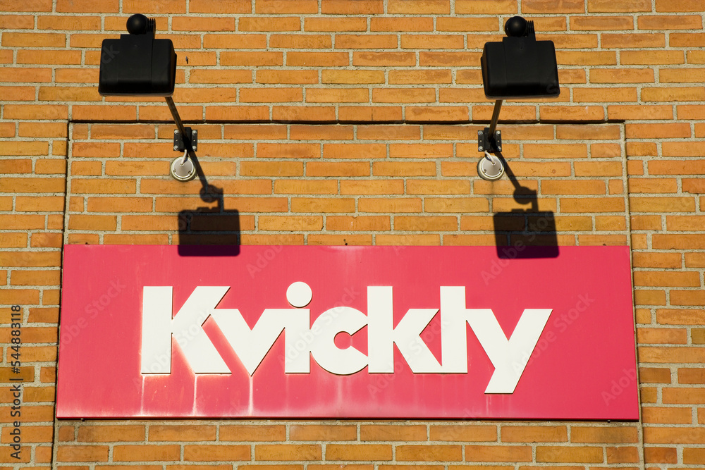 Kvickly supermarket logo view in Ronne, Bornholm. Kvickly is a chain of ...