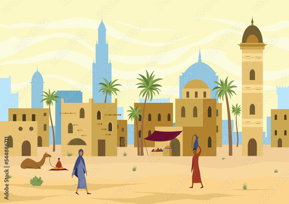 Middle east. Arabic desert landscape with traditional mud brick houses ...