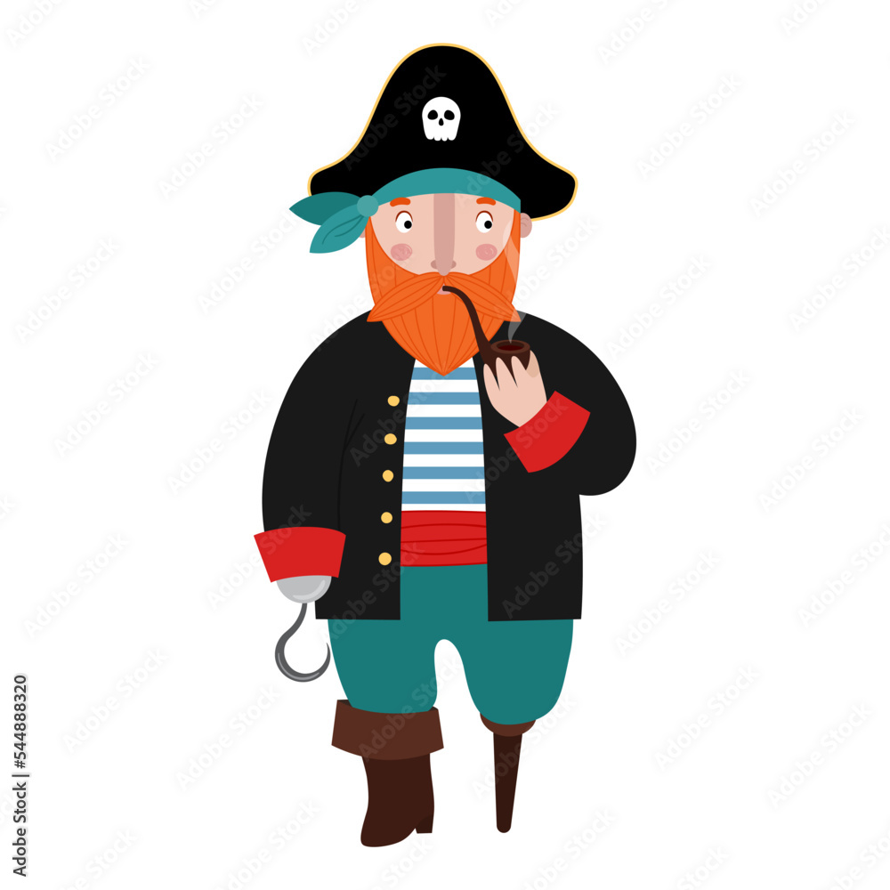 Cute cartoon red-haired one-legged pirate in a pirate hat smokes a pipe ...