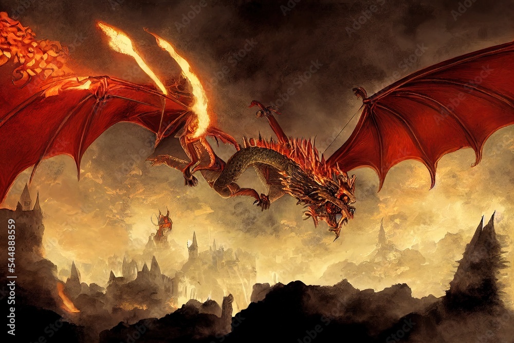 Fantasy illustration of medieval army fighting flying fire dragon near ...