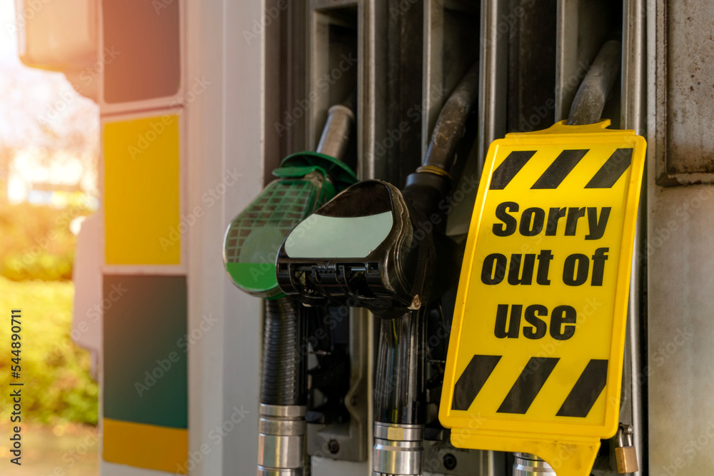 Fuel shortage at petrol station, fuel pump with out of order sign on ...
