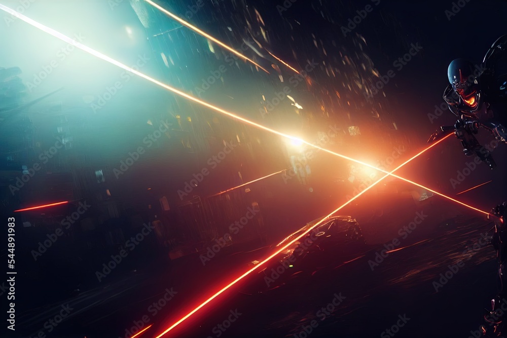 Sci-fi mechanical robot arm with a light saber laser beams digital 3D ...