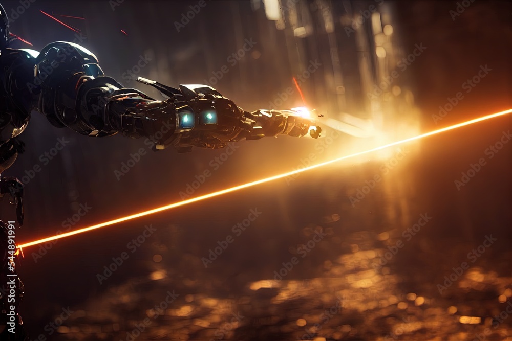 Sci-fi mechanical robot arm with a light saber laser beams digital 3D ...