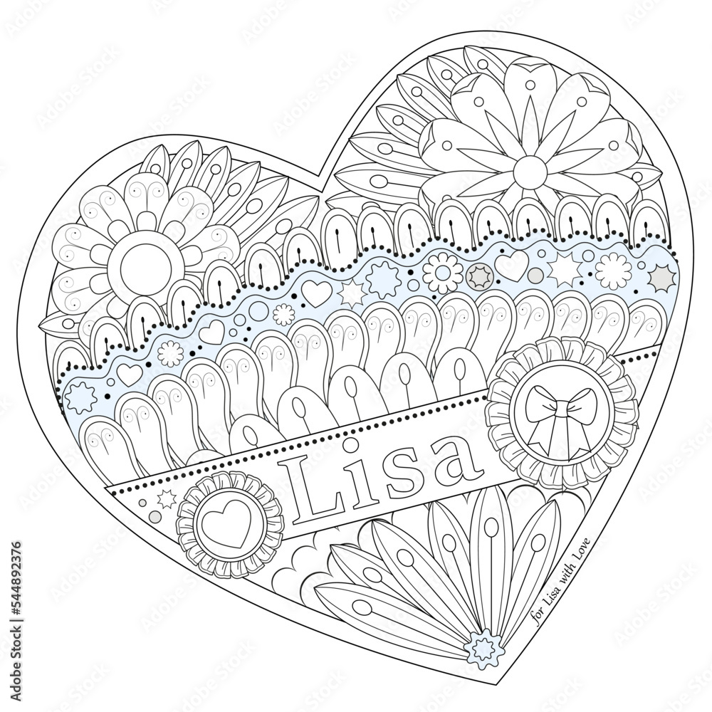 Black and white flower decoration with name Lisa, heart frame. Coloring ...