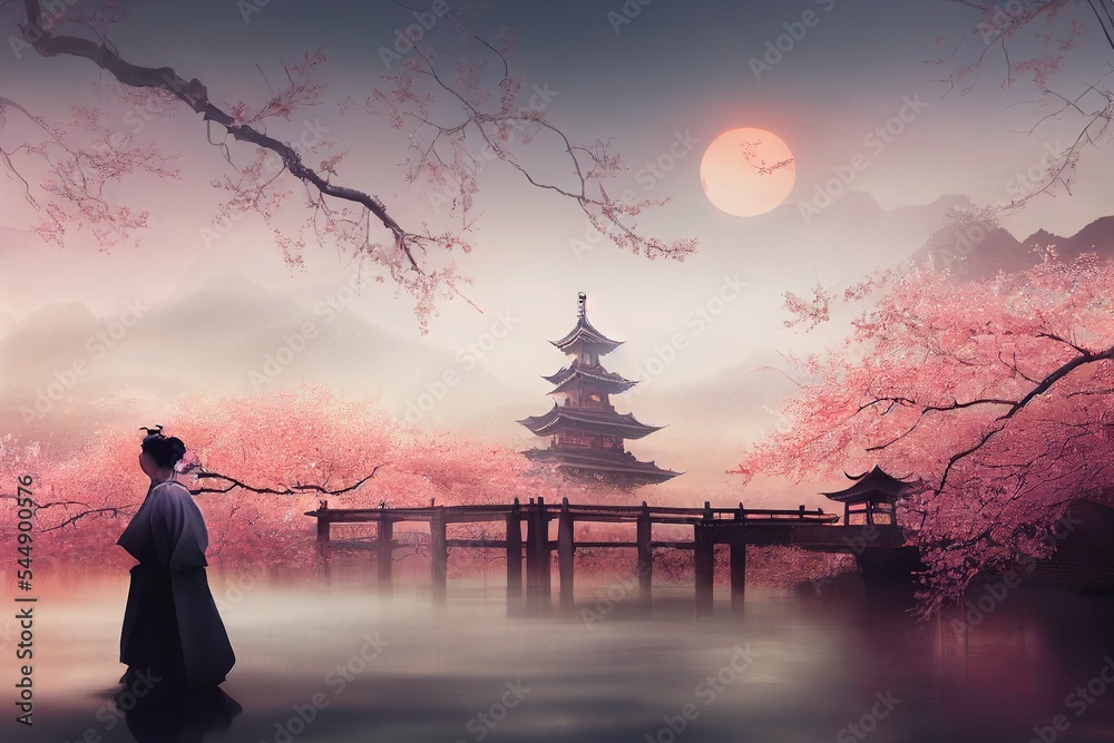 Fantasy Japanese landscape with sunset. Ghost, geisha silhouette, foggy ...