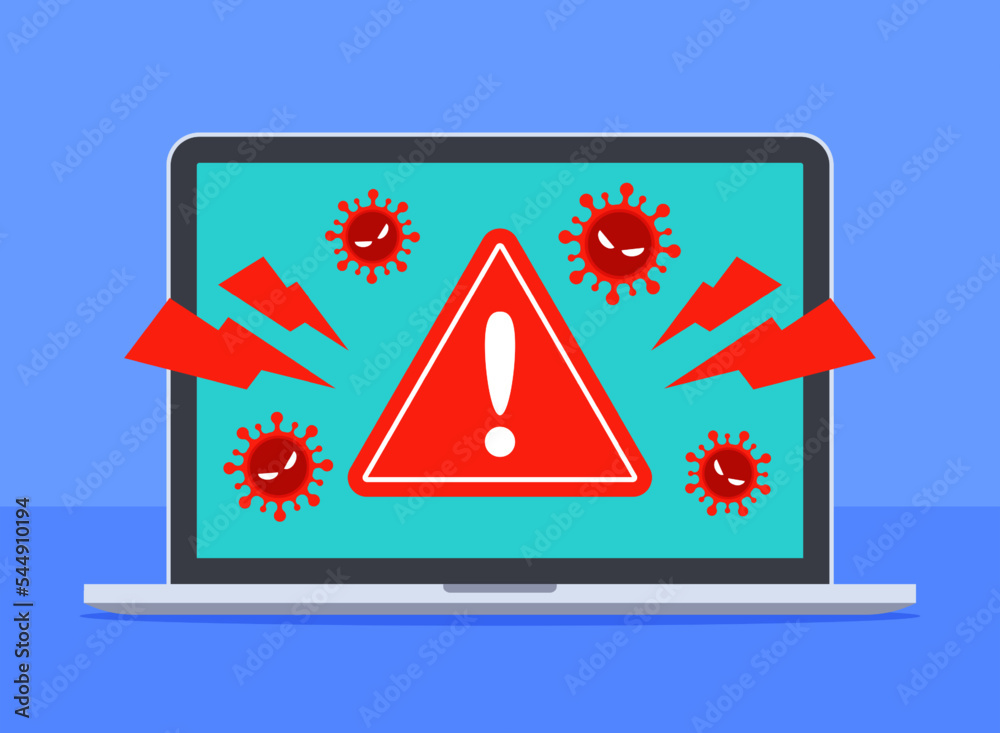 System alert warning about computer viruses in laptop. Technology threat of virus, malware ...