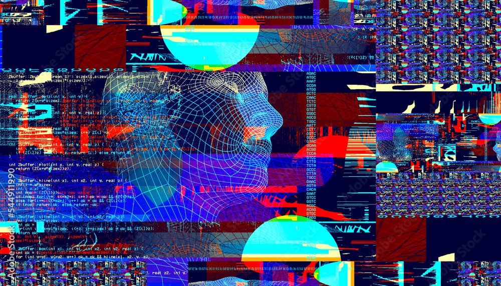 Polygonal portrait of a man with glitch effect. Cyberpunk style ... Polygonal portrait of a man with glitch effect. Cyberpunk style ...