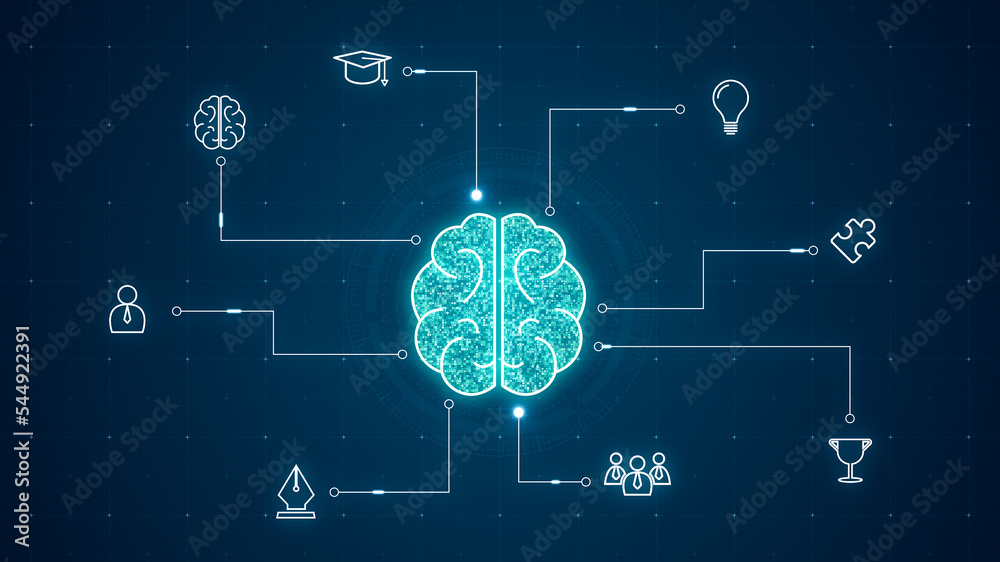 Blue digital brain LOGO with line connection and data transfer to ...