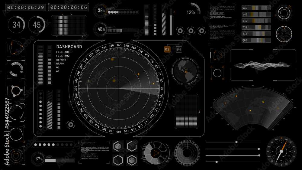 Sonar radar screen searching an object with futuristic head up display ...