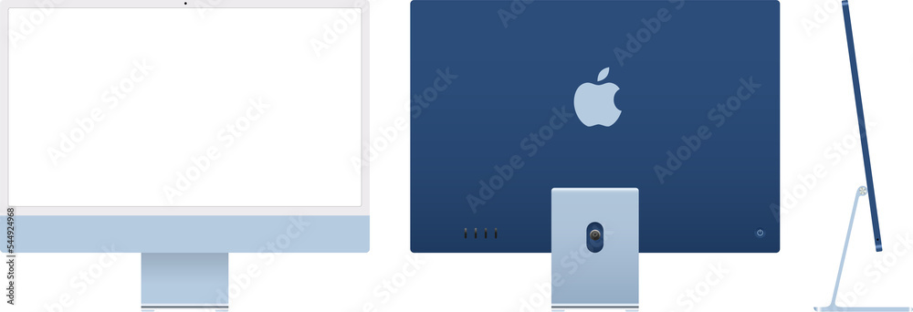 Realistic mockups of the new iMac 24 with transparent screen, blue ...