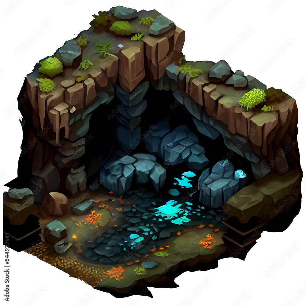illustration of an isometric cave game concept art with transparent ...