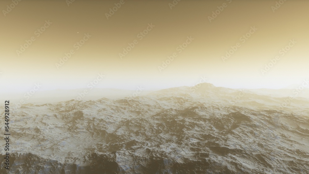 realistic surface of an alien planet, view from the surface of an exo ...