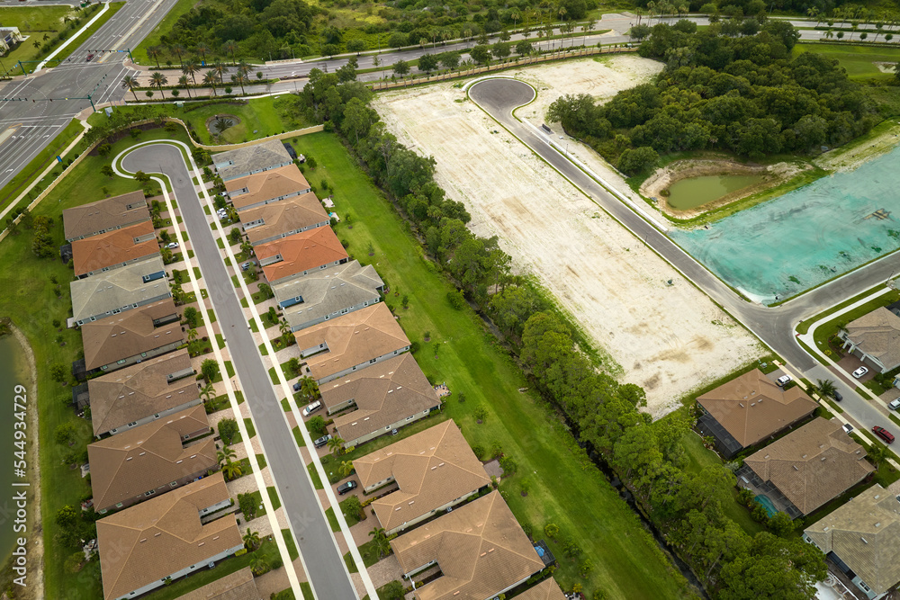 View from above of densely built residential houses under construction ...
