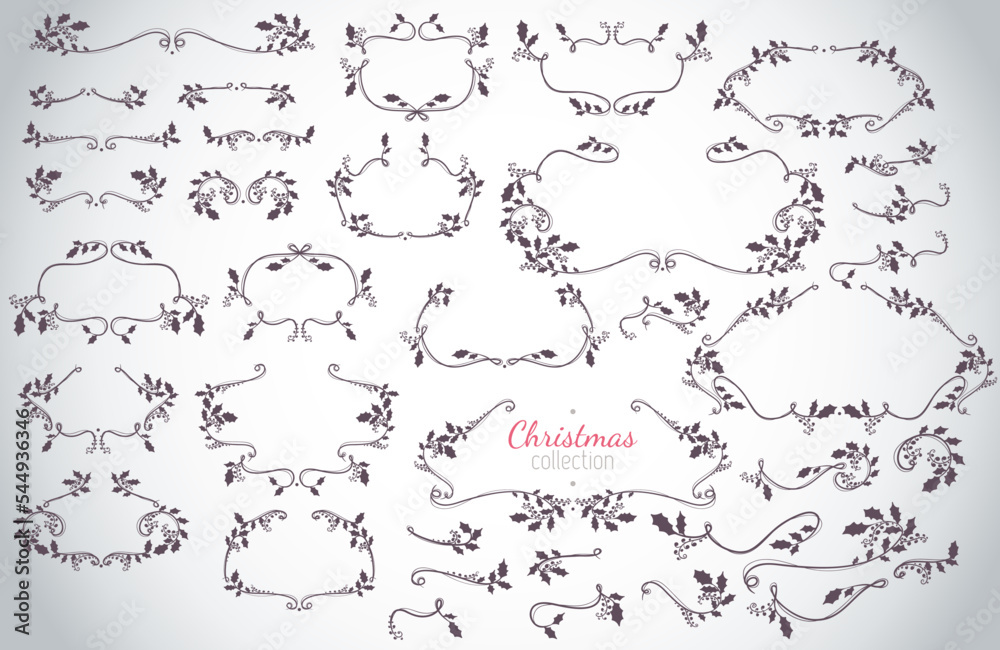 Christmas luxury frames and borders set. Black and white. Xmas holly ...