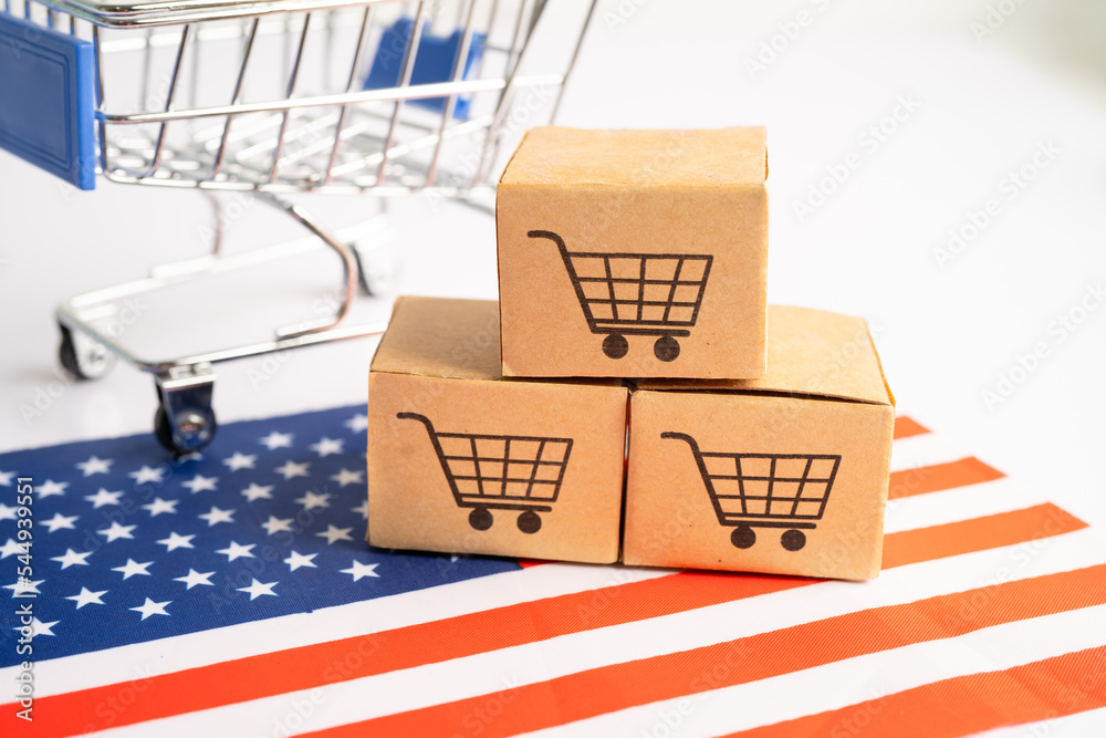 Box with shopping cart logo and USA America flag, Import Export ...