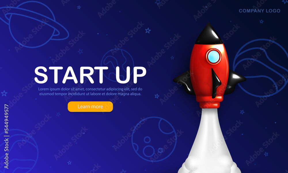 Poster with 3d cartoon red rocket flying into space. Startup banner ...