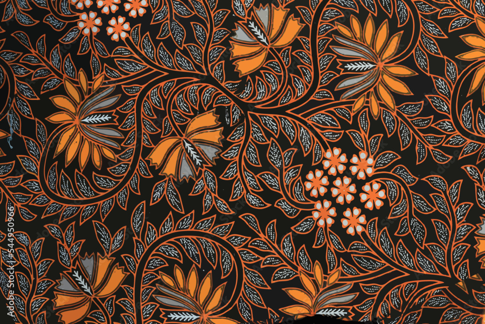 Black Batik Fabric with Orange Flower Pattern. Batik Indonesia. Stock ...
