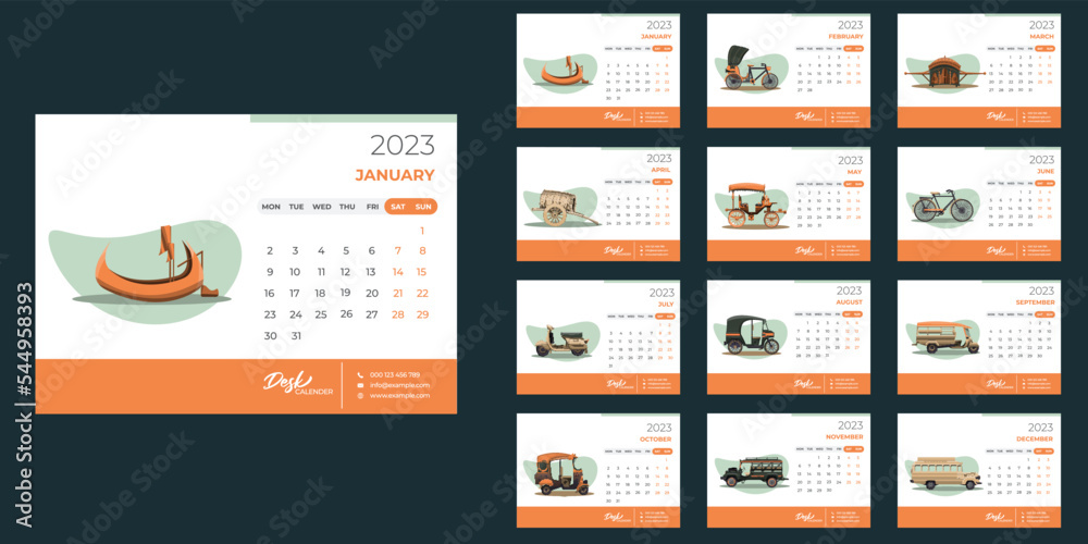 Desk Calendar template for 2023. Flat style vector illustration. Yearly ...