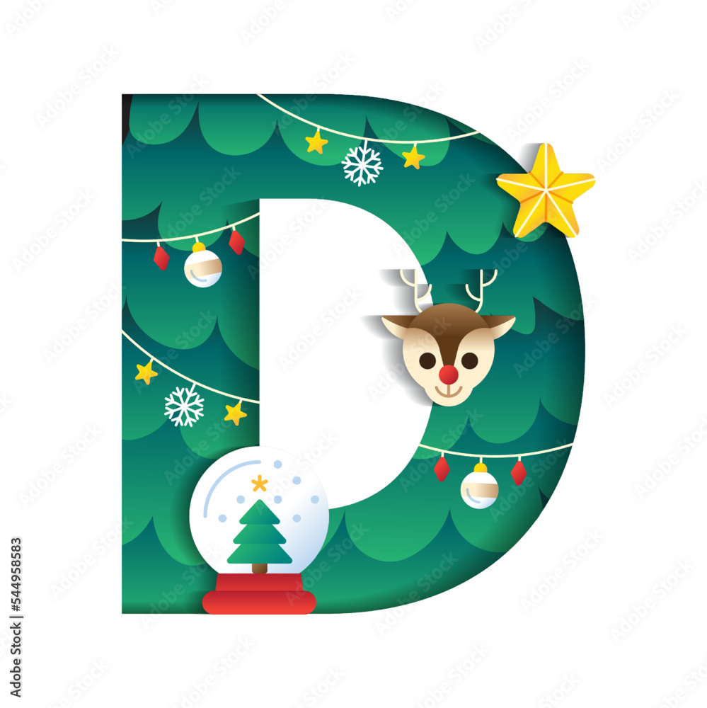 Letter D Alphabet Font Cute Merry Christmas Concept Reindeer Star ...