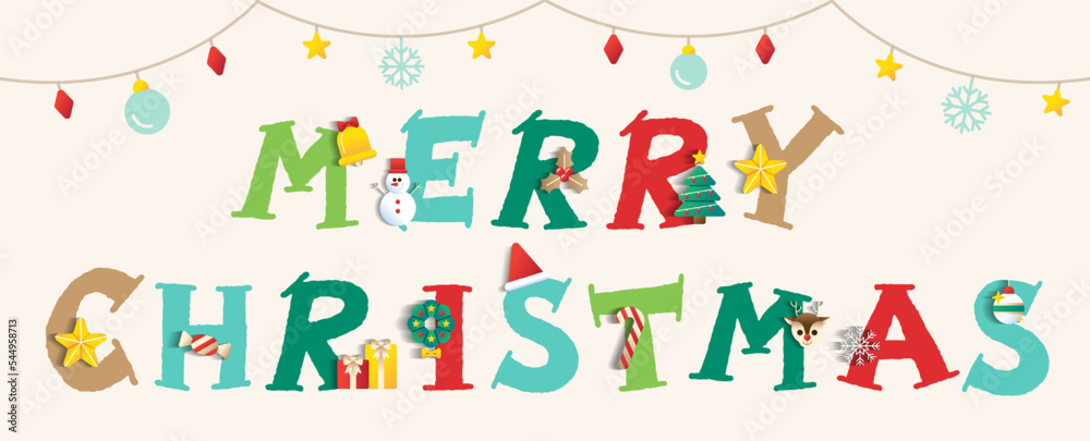 Cute Merry Christmas Holiday Party font Letter design hand draw cartoon ...