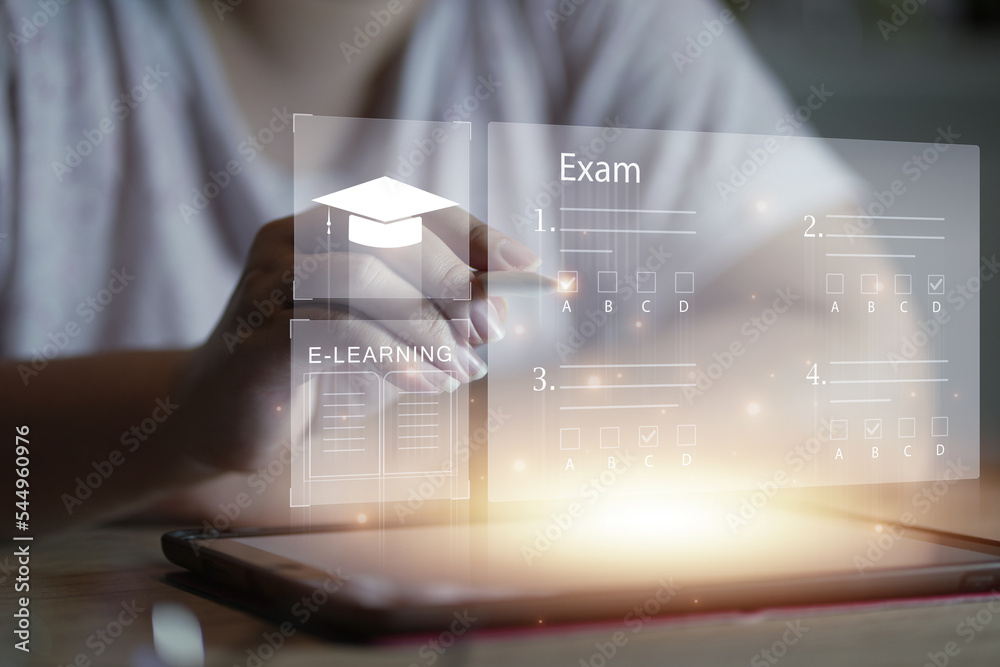 online exam, choose correct answer in test. He selects a questionnaire ...