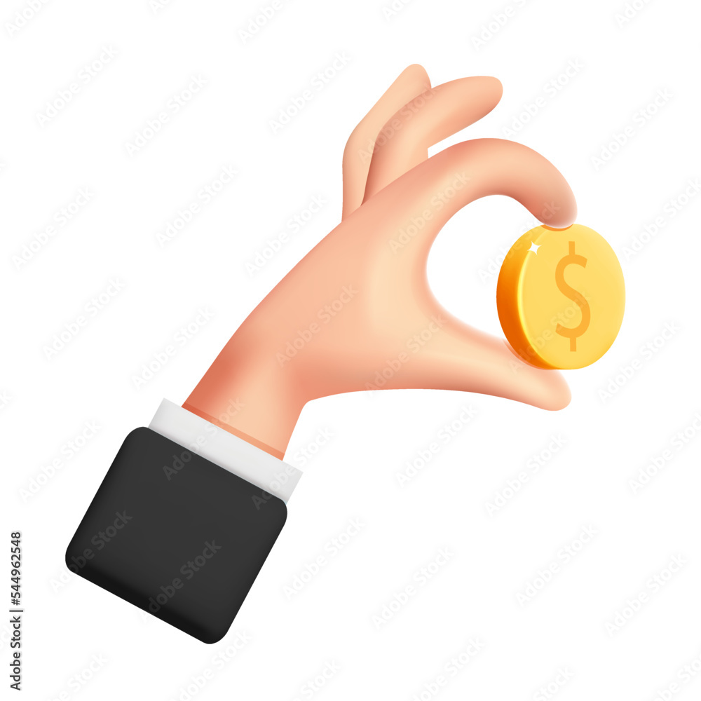 3d vector realistic render man hand dollar coin design illustration ...