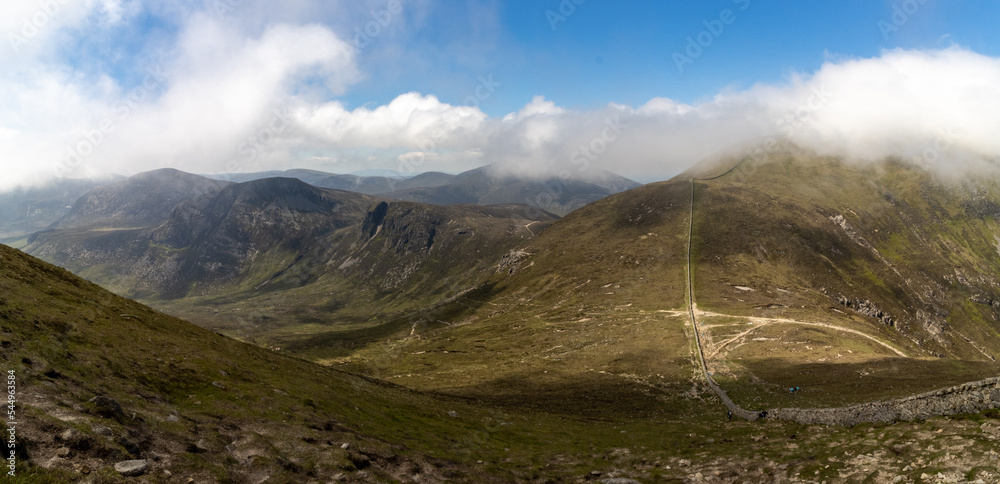 Mourne Mountains panoramic view from Slieve Donard, Mourne Wall leading ...