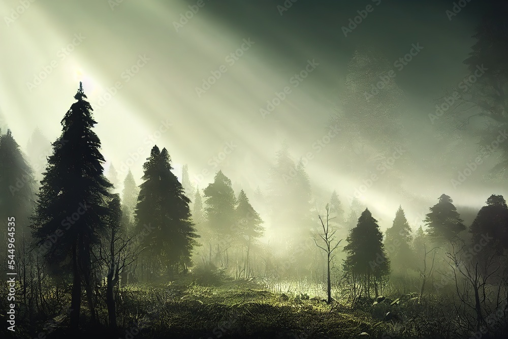 Mysterious dark haunted forest with last sun rays shining through ...
