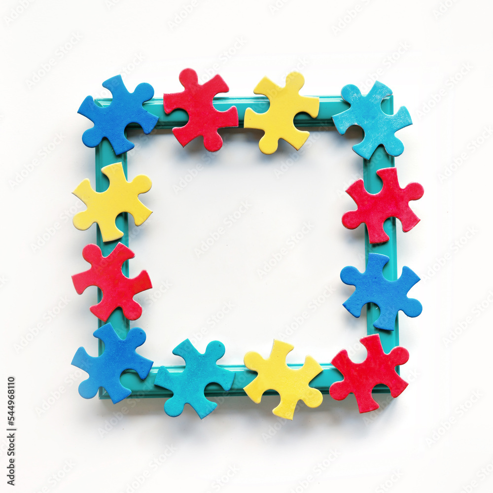 Autism Awareness Day, World Autism Day, square frame with puzzle pieces ...