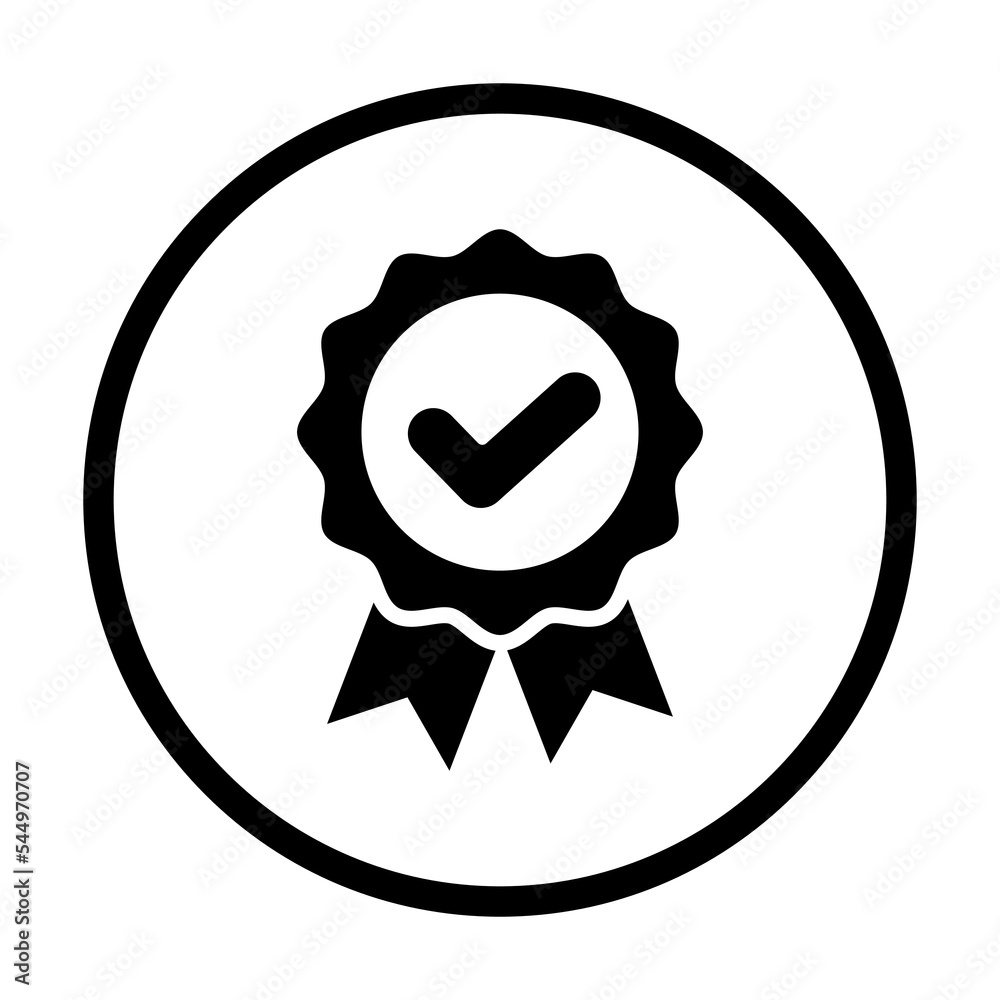 Award medal icon in circle. Rosette symbol with check mark in flat ...