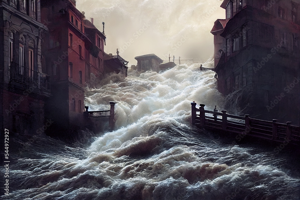 Flooding on the streets of the city. Giant waves overwhelm houses and ...