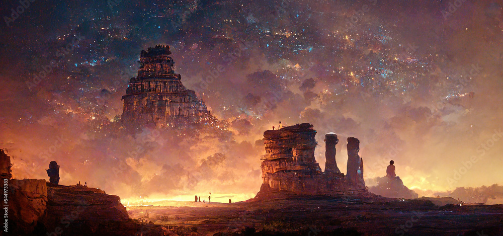 Cyberpunk desert city with ruins and pillars, post-apocalypse ...