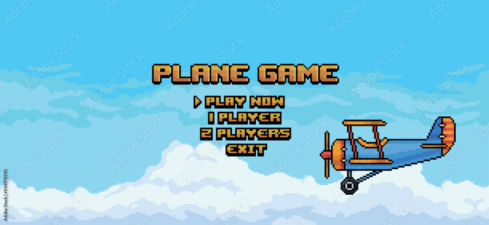 Pixel art plane game home menu blue sky with clouds background vector ...